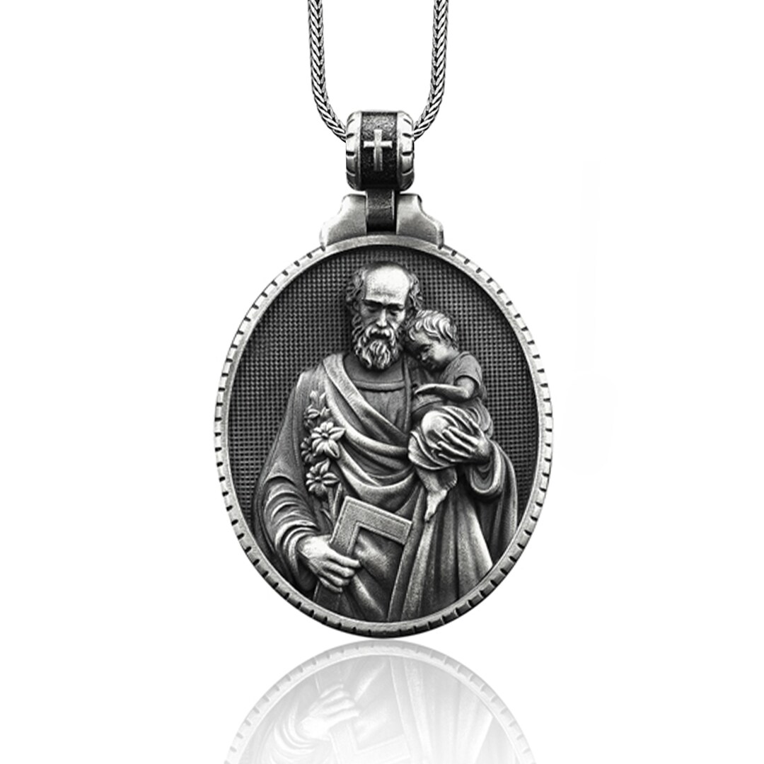 Silver Saint Joseph Necklace, Saint Joseph Mens Pendant, Christian ...