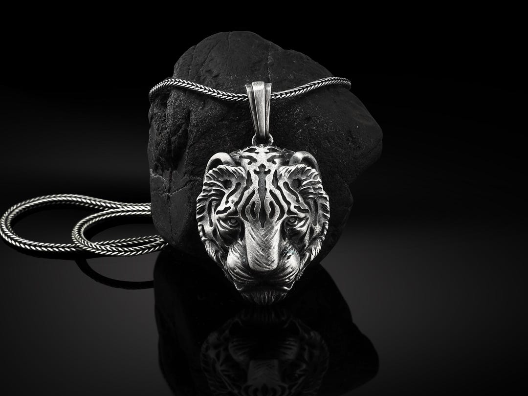 Tiger Head Silver Men Necklace, Angry Tiger Men Pendant, Wild Tiger ...