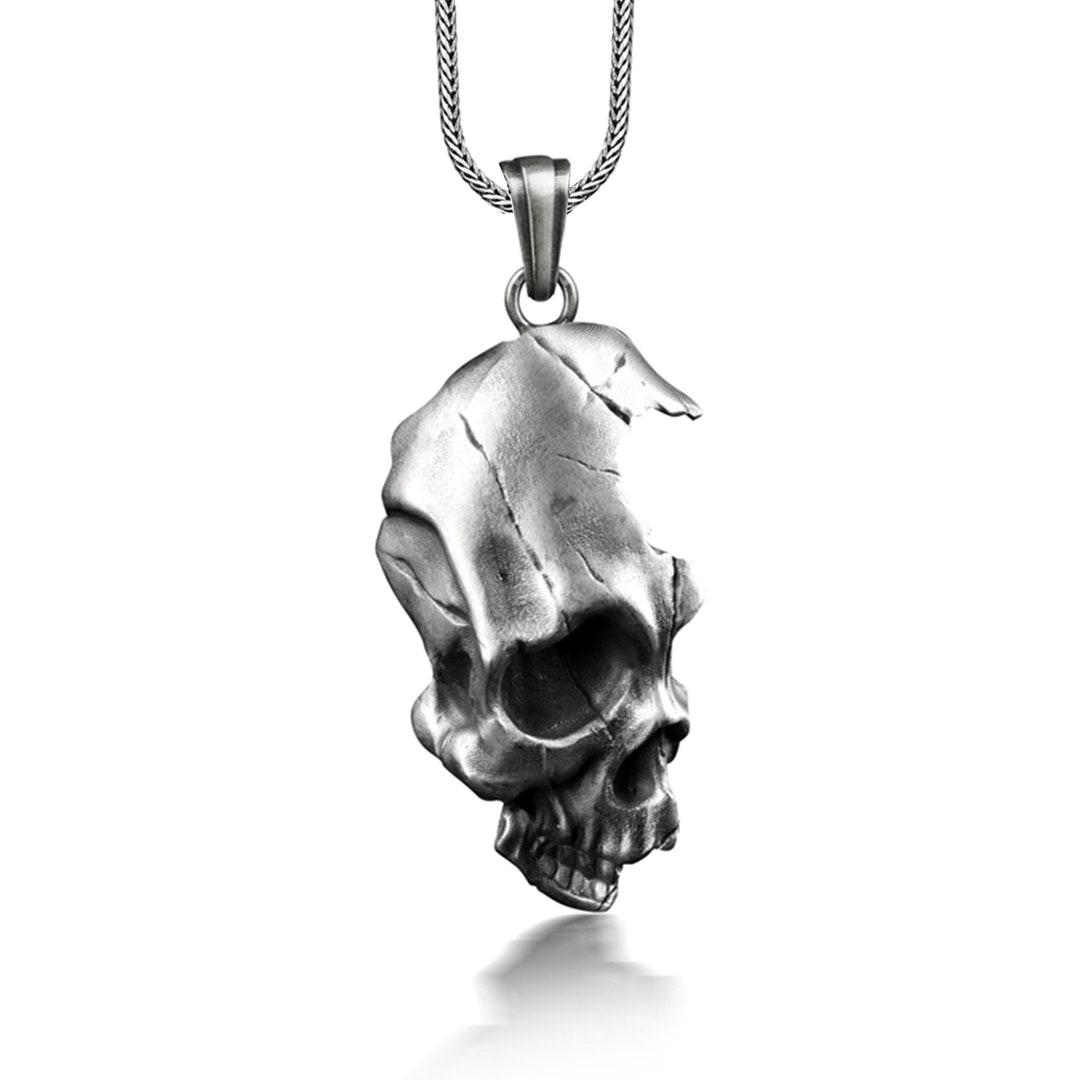 Half Skull Mens Pendant in Silver, Broken Skull Gothic Necklace for Men ...