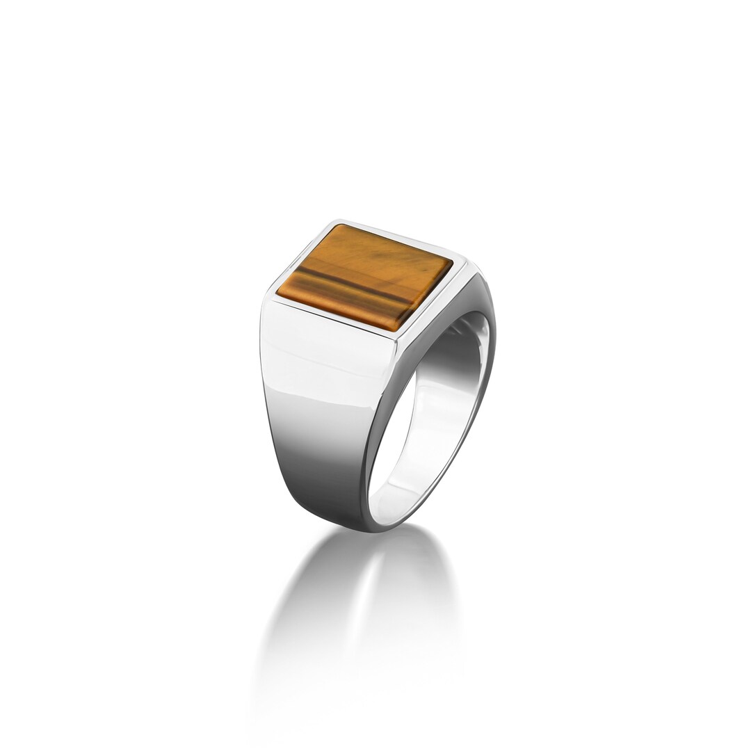 Promise Ring With Rectangle Cut Tigers Eye for Mens, Gemstone Flat ...