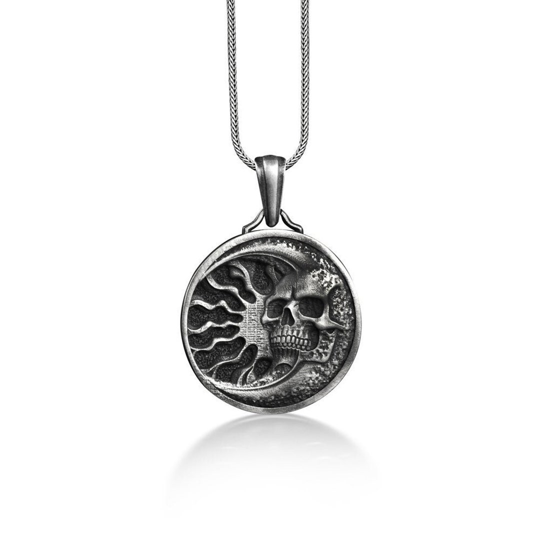 Skull in Crescent Moon and Sun Pendant Skull Looking Sun From - Etsy
