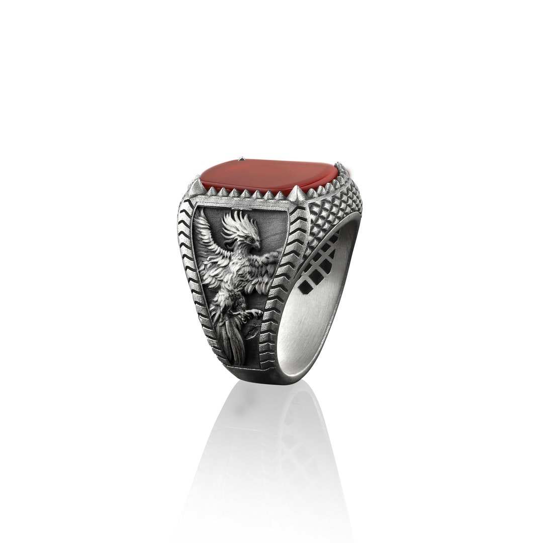 Winged Phoenix Carnelian Gemstone Signet Men Ring, Mythical Bird ...