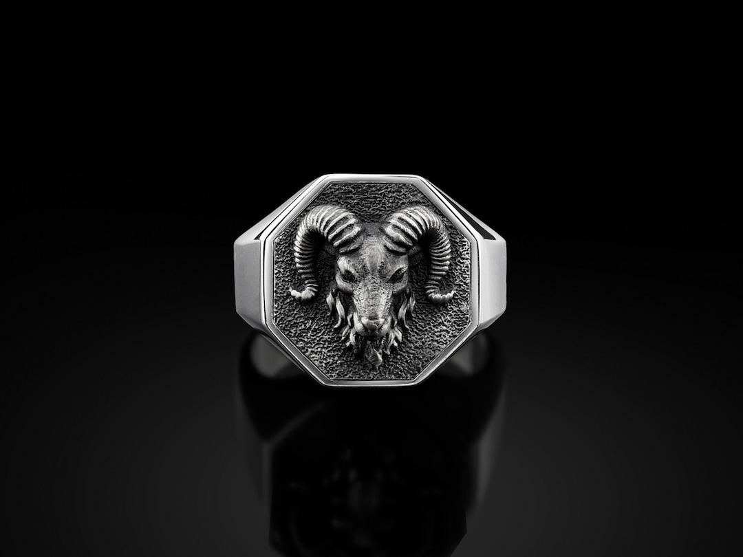 Zodiac Aries Ram Signet Ring for Men, Ram Head Silver Men Ring ...