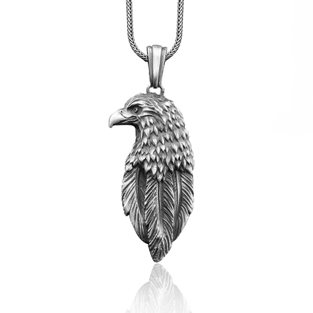 Eagle Feather Charm Necklace for Men in Sterling Silver, Eagle Head ...