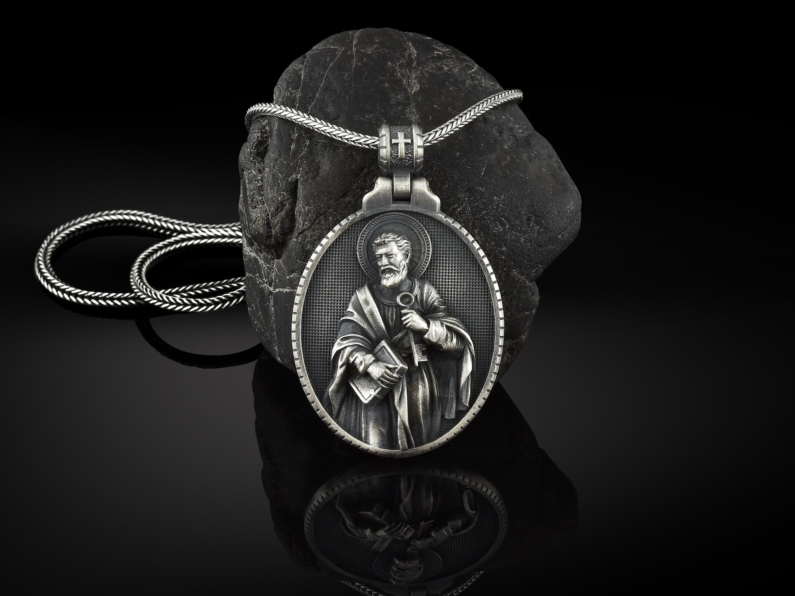 Silver Saint Peter Mens Necklace, Saint Peter Oval Pendant, Silver ...