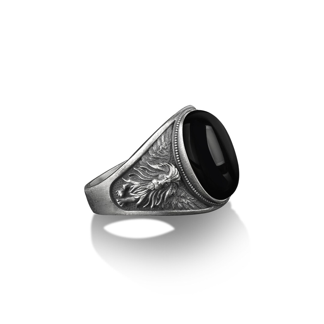 Winged Lion With Onyx Gemstone Ring for Men in Sterling Silver, Zodiac ...