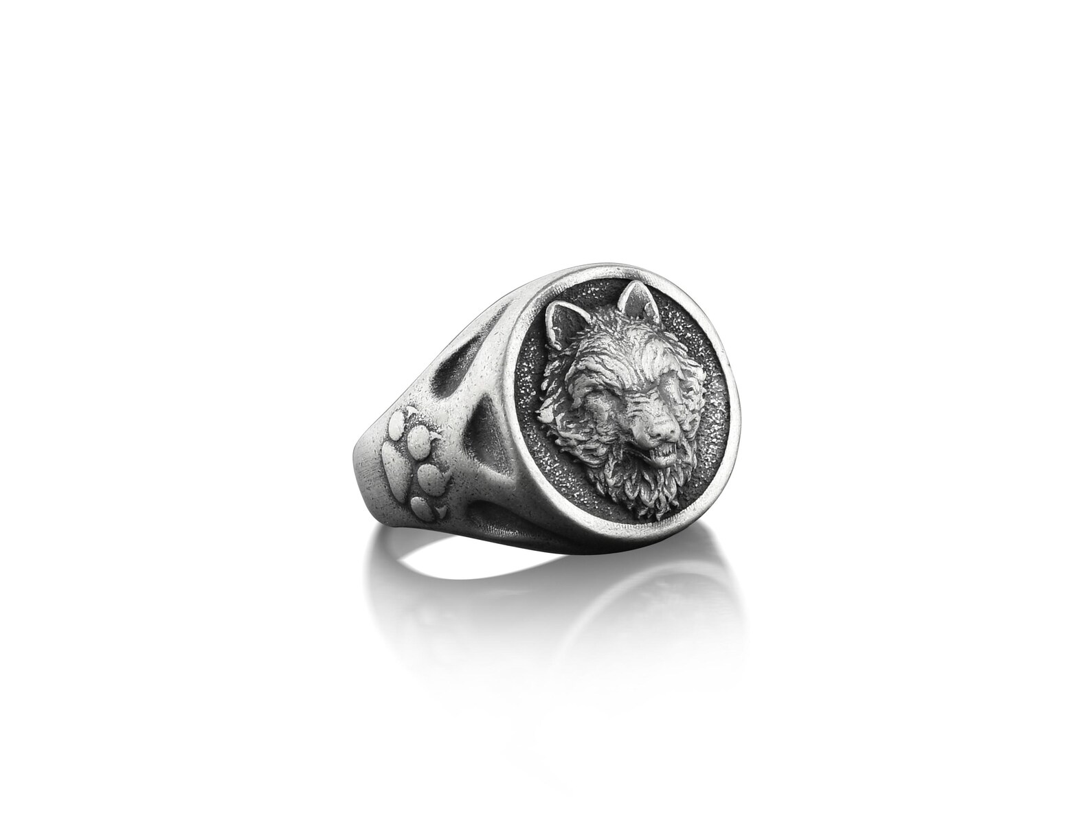 Wolf Head Sterling Silver Signet Ring With Engraved Paw, Unique ...
