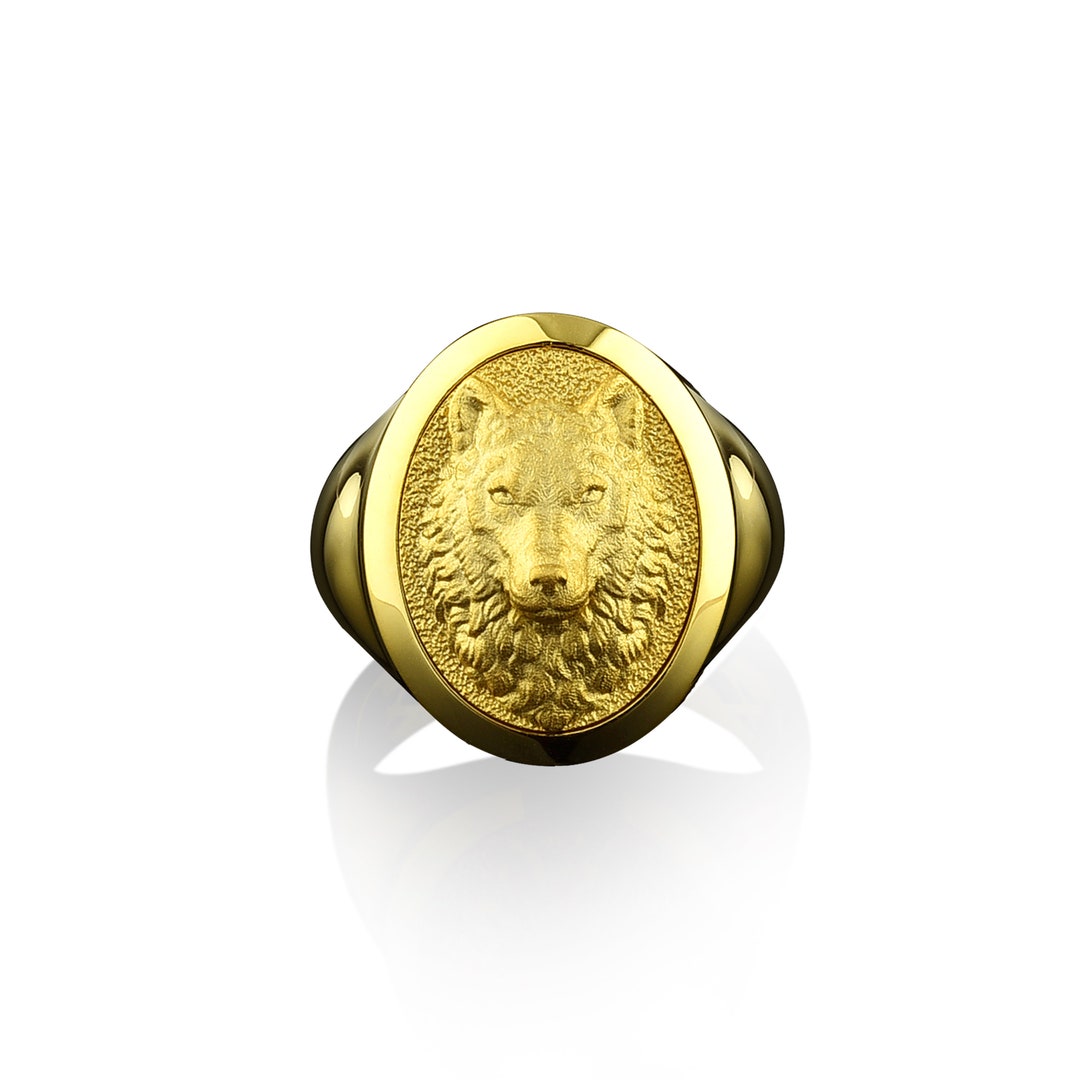 Male Wolf in Oval 14k Gold Signet Ring, Scandinavian Wolf Head Mens ...