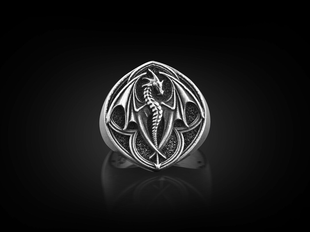 Dragon Skull Gothic Mens Signet Ring, Male Goth Ring in Oxidized ...