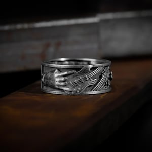 Rockn Roll Tehemed Silver Men Wedding Band Rings, Guitar Wedding Ring ...