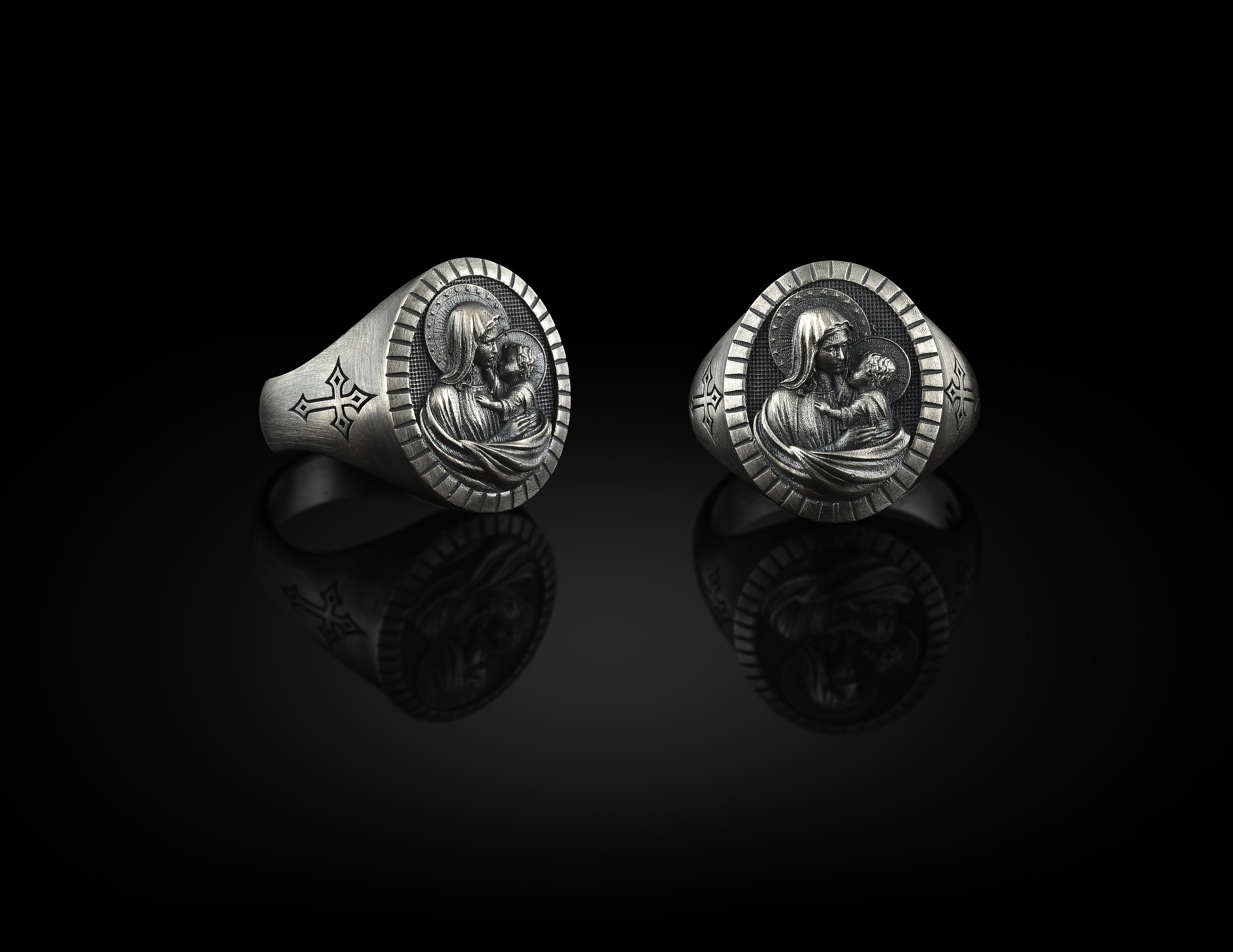 Mary With Child Mens Signet Ring for Men in Sterling Silver - Etsy