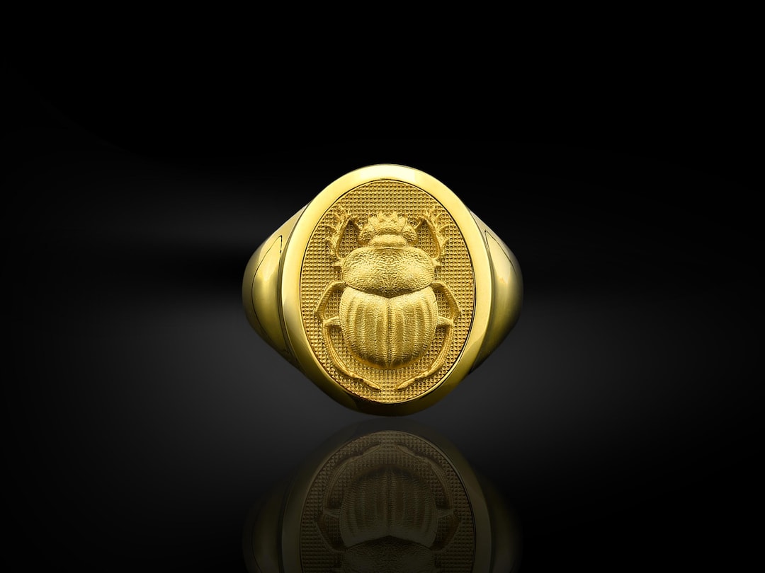 14k Gold Egyptian Scarab Men Ring, Oval Signet Scarab Ring 10k Gold ...