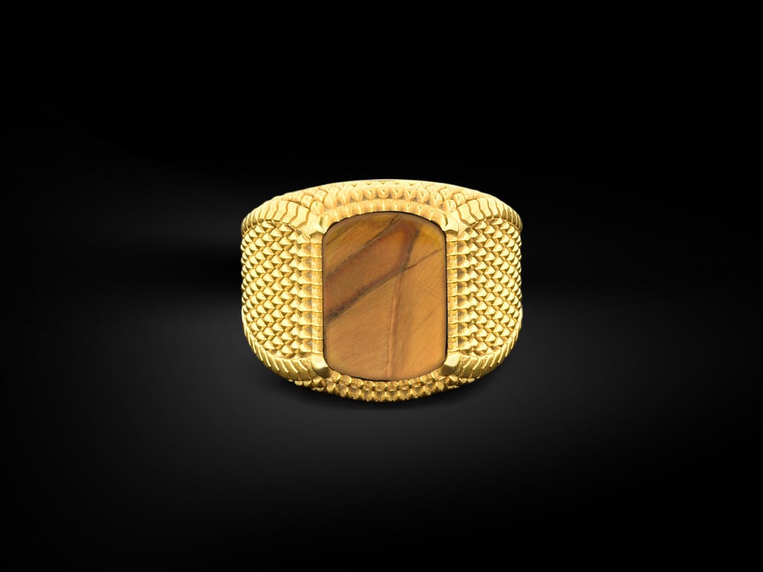 Dragon Scale 14k Gold Men Ring With Tiger Eyes Stone, Cushion Cut Tiger ...