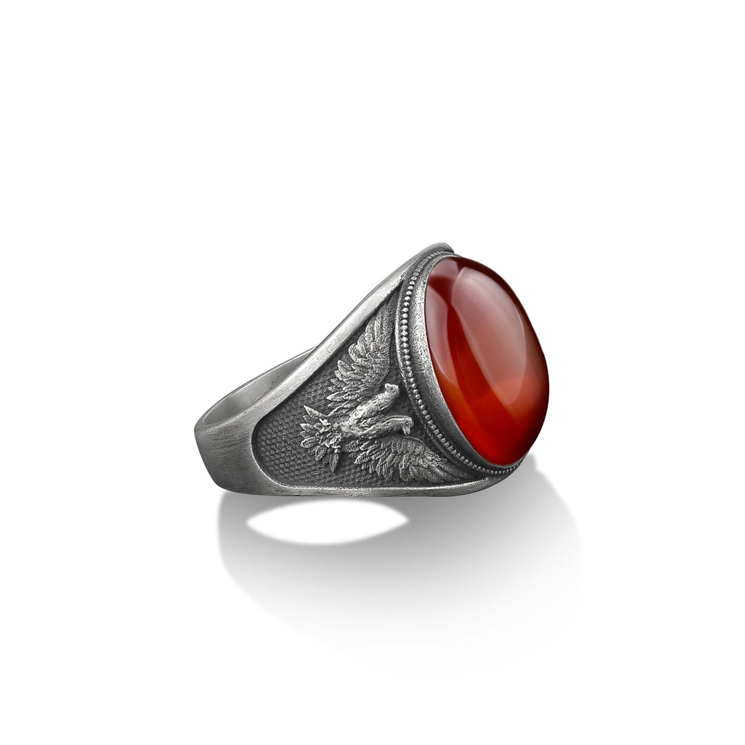 Silver Double Headed Eagle Signet Men Ring With Carnelian Gemstone, Red Agate Ring for Men ...