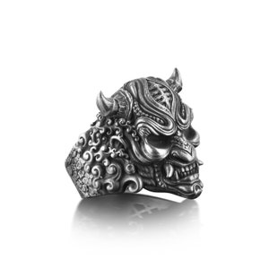 Hannya Ring in Oxidized Sterling Silver, Extraordinary Gothic Ring for Men, Oni Ring in Unusual ...