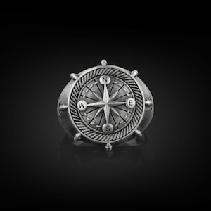 Compass Ring With Intaglio Anchor, Sterling Silver Oxidized Signet Ring ...