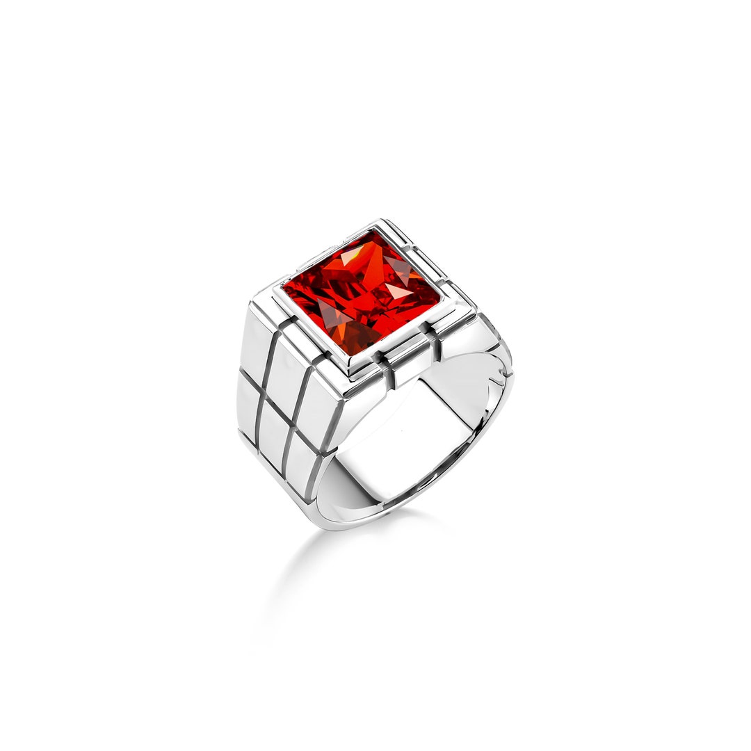 Red Ruby Stone Signet Ring for Men in Sterling Silver, Unique Mens Ruby ...