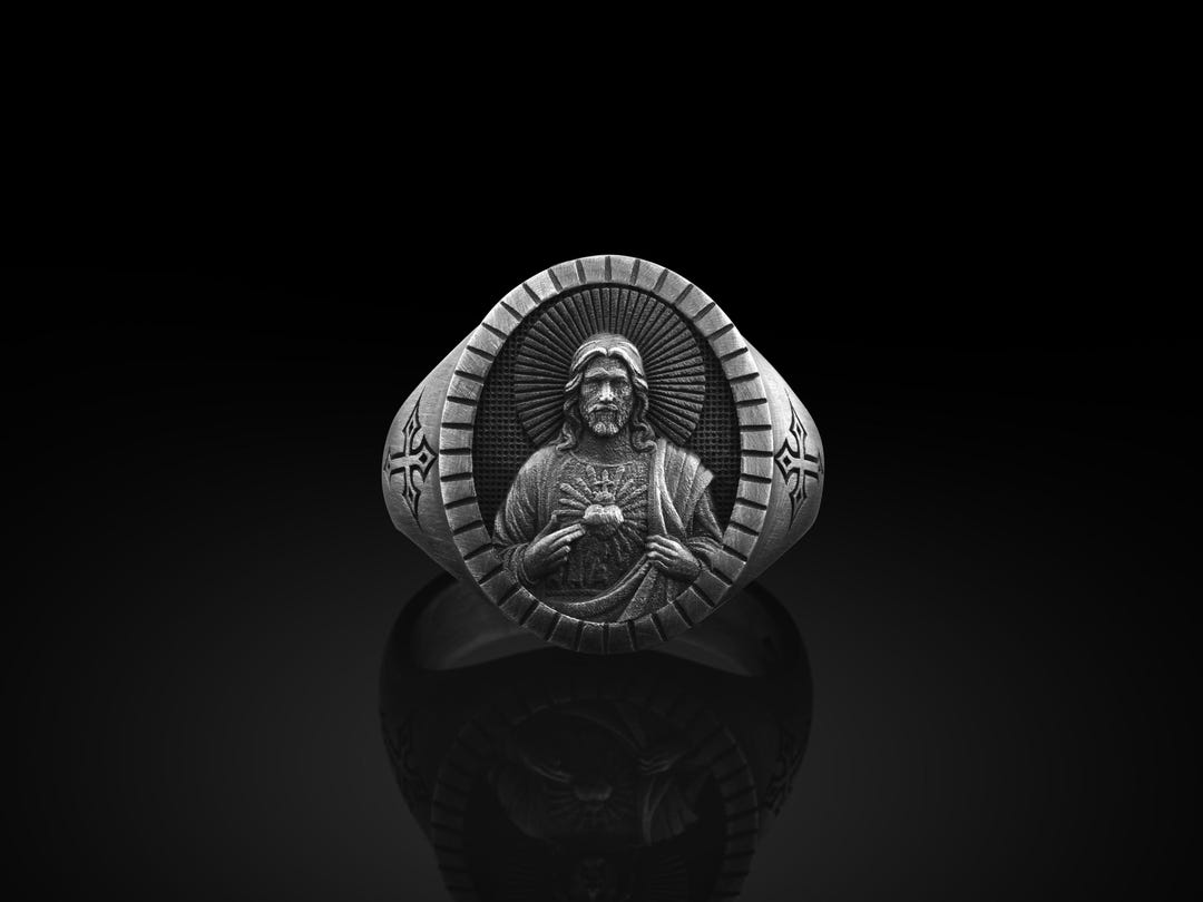 Sterling Silver Jesus With Sacred Heart Signet Rings for Men, Oxidized ...