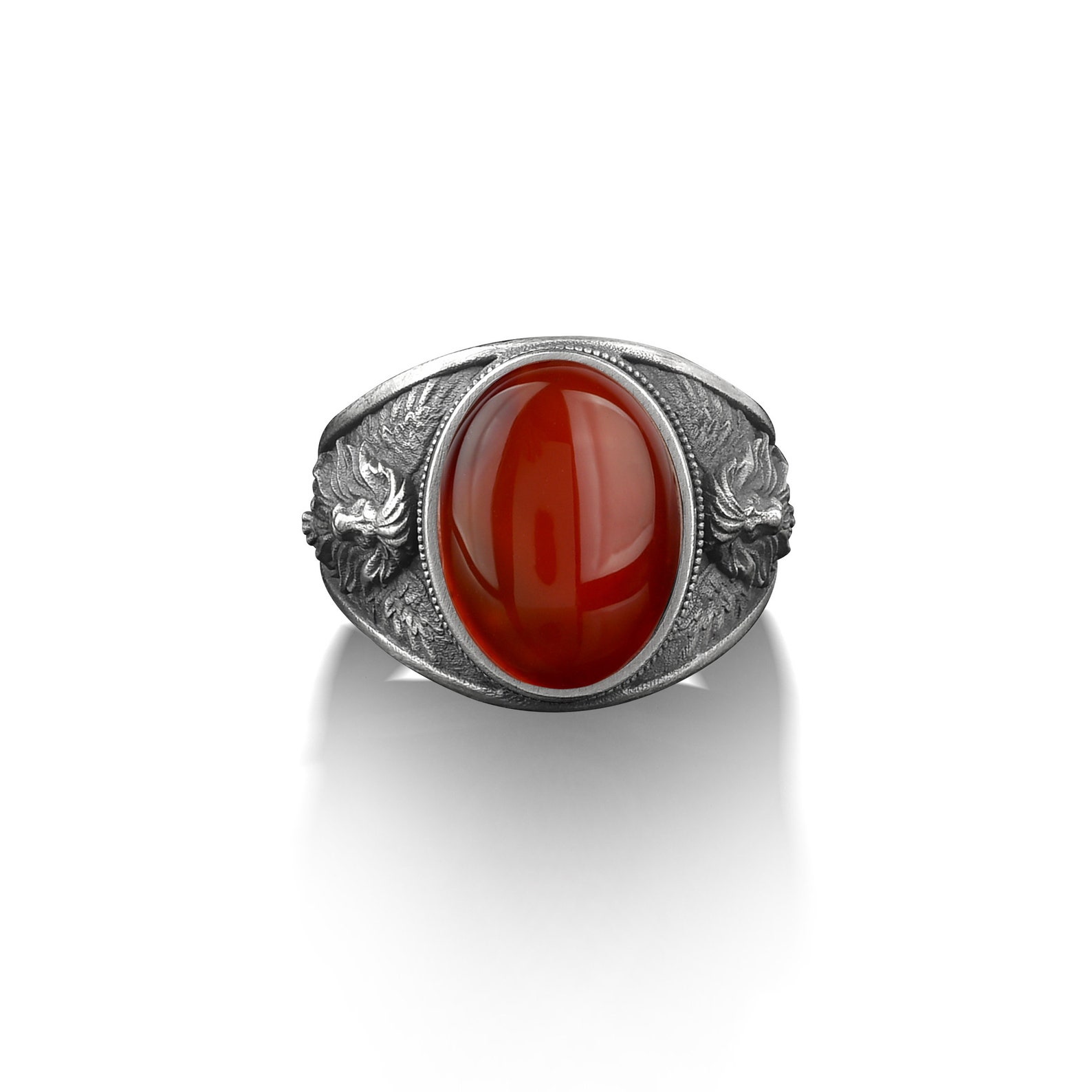 Sterling Silver Winged Lion Engraved Signet Carnelian Stone Men Ring ...
