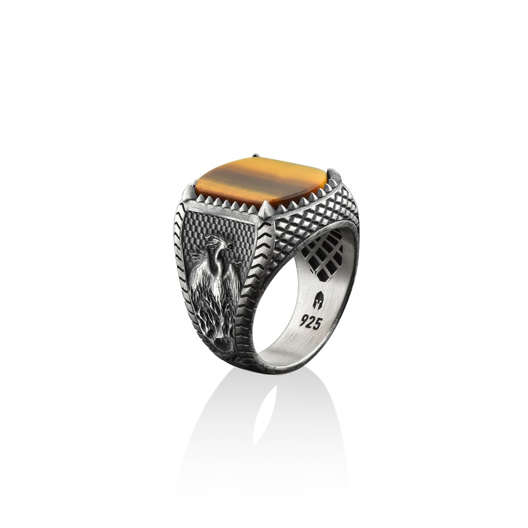 Phoenix Rising From the Flames Signet Men Ring With Cushion Tiger's Eye ...