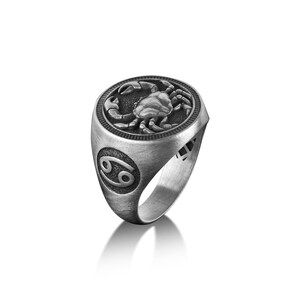 Cancer Zodiac Sign Mens Ring in Silver, Zodiac Pinky Signet Ring in ...