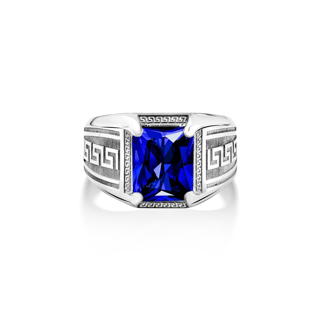 Blue Sapphire Mens Solitaire Ring With Engraved Meander, 925 Silver Big Blue Stone Statement ...