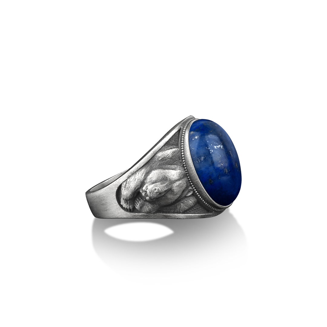 Grizzly Bear Signet Man Ring Silver Ring With Lapis Stone, Lapis Lazuli ...