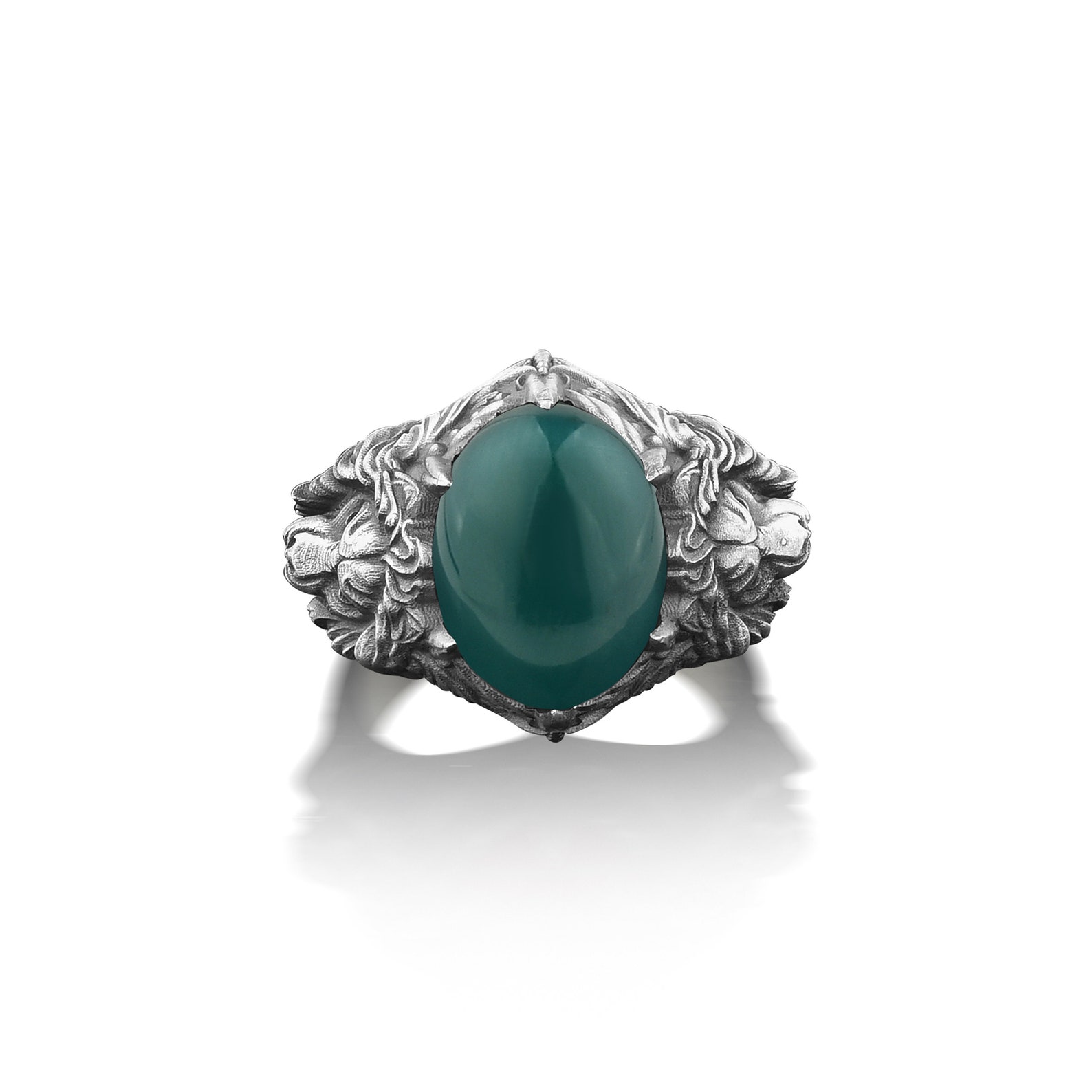 Animal Lion Ring With Oval Green Agate for Men, Green Jade Handmade ...