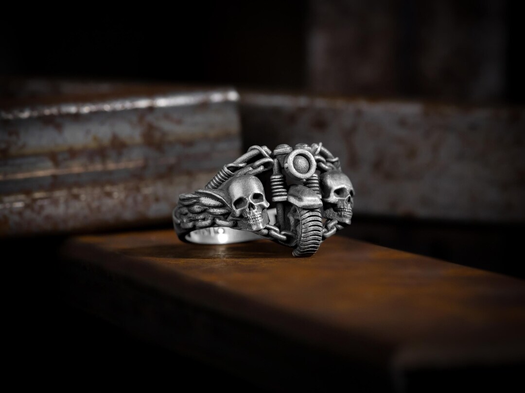 Antique Style Biker Ring for Men With Moto Chain, Motorcycle Ring With ...
