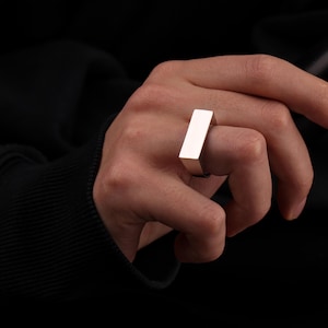Ractangle Flat Wedding Men Band Silver Rings, Modern Silver Rectangle Ring, Angular Minimalist ...