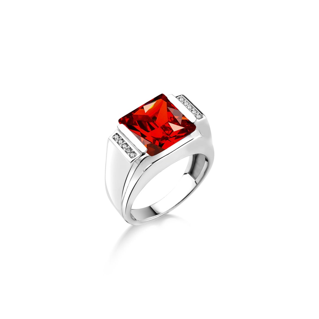 Red Ruby Stone Signet Ring for Men in Silver, Ruby Stone Pinky Ring for ...