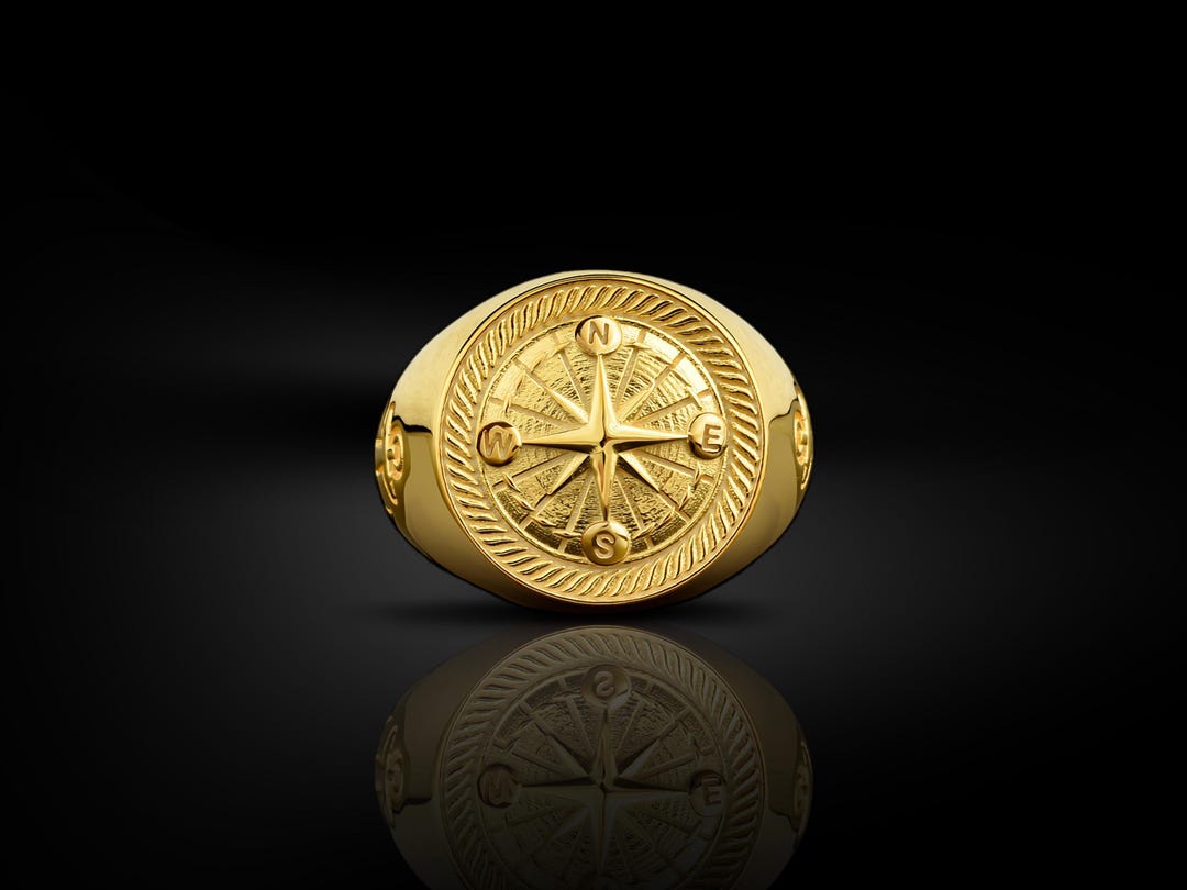 Northstar Compass 10k Gold Men Rings, Compass Signet Ring With Engraved ...