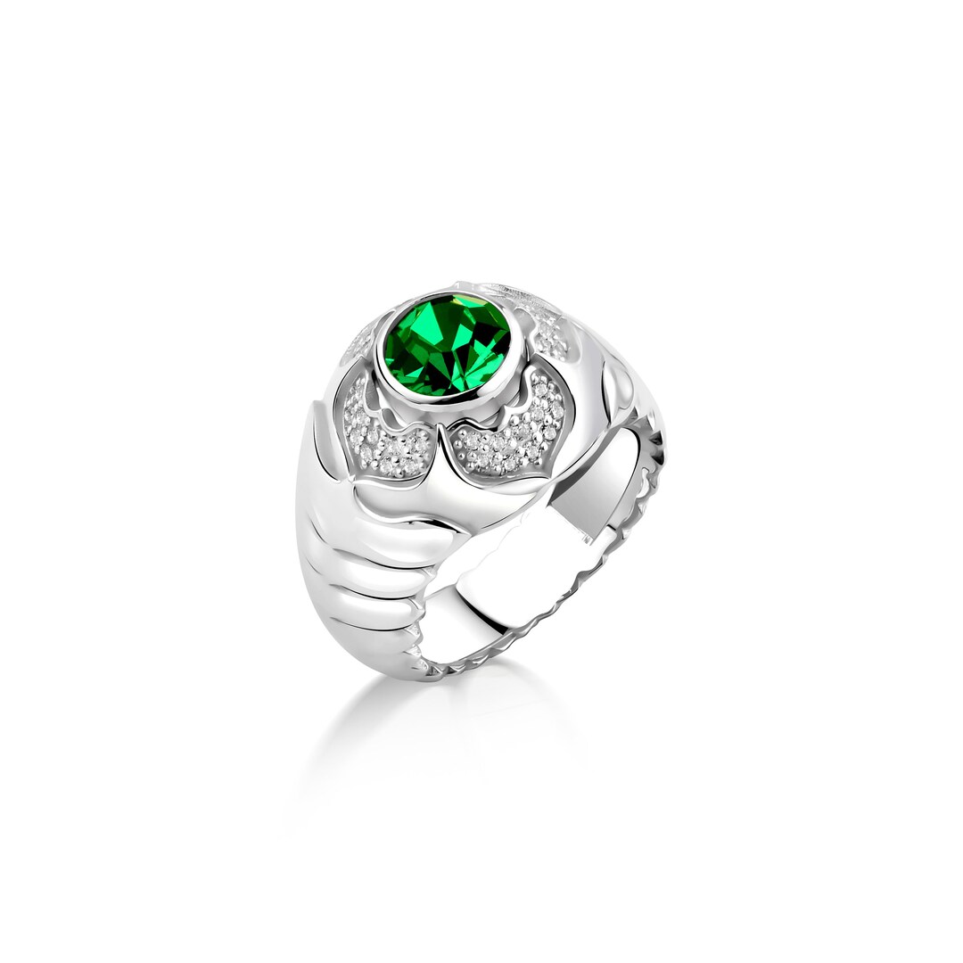 Green Emerald Stone Engagement Men Ring in 925 Slver, Dragon Skin With ...