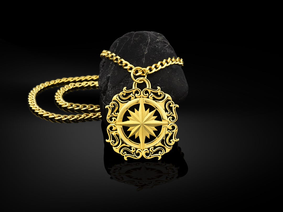 18k Solid Gold Big North Star Compass Men Necklace, Compass in ...