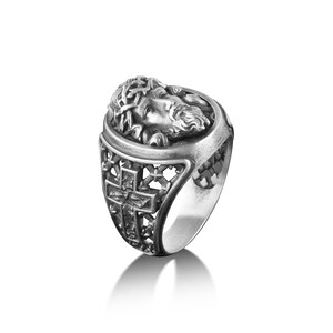 Jesus With Crown of Thorns Ring, Jesus With Cross Engraved Signet Ring ...