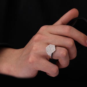 Textured Hexagon Silver Ring for Men, Hammered Surface Geometric Signet ...