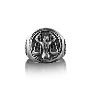 Libra Engraved Signet Ring for Men, Male Pinky Ring in Sterling Silver, Zodiac Sign Ring for ...