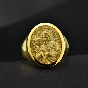 St Joseph and Baby Jesus Signet 14k Gold Men Ring, 18k Gold Christian ...