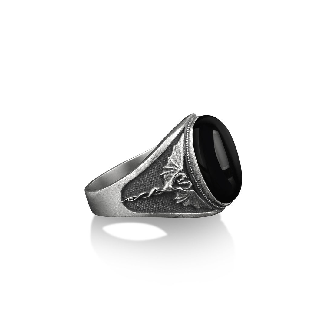 Black Onyx Signet Silver Mens Ring With Dragon Love, Silver Rragon Men ...