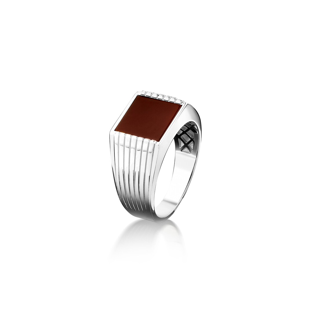 Signet Ring for Men With Square Cut Red Agate on Top, Engraved Stripes ...