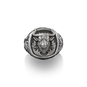Zodiac Taurus Floral Signet Ring for Men in Sterling Silver, Pinky Bull ...
