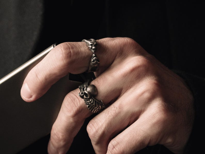 Double Skull Head Sterling Silver Men Adjustable Ring, Double Skull ...