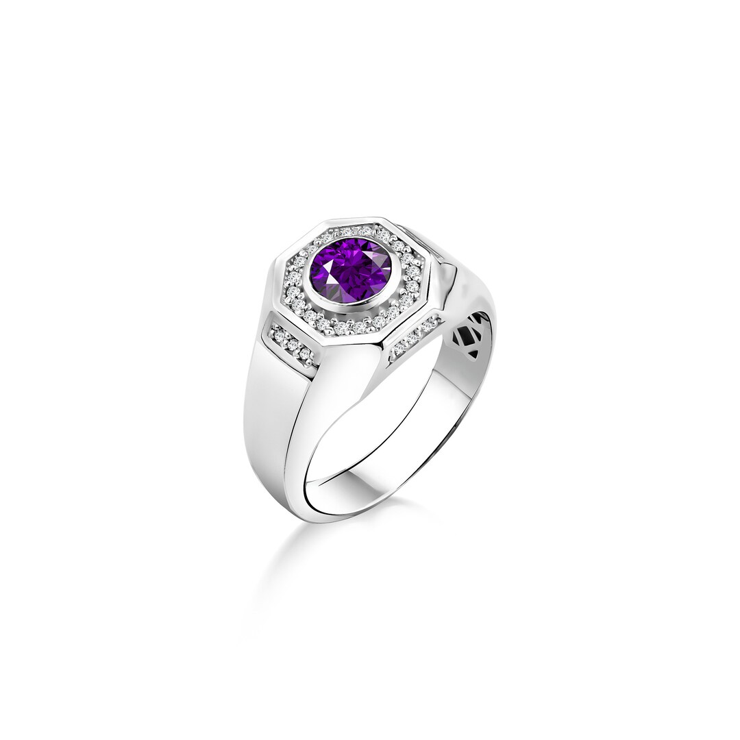 Signet Silver Men Ring With Amethyst and Pave CZ, Purple Stone Men Ring ...