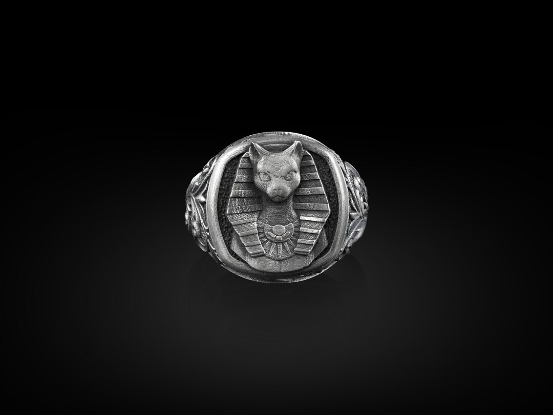 Egyptian Goddess Bastet Ring, Ancient Egyptian Mythology, Sterling Silver Square Signet Ring ...
