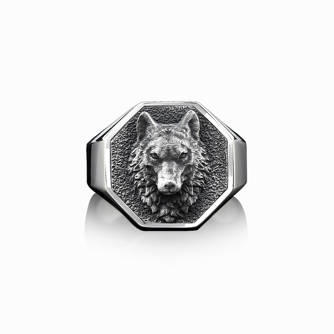 Handmade Silver Wolf Men Ring, Alpha Wolf Signet Man Ring, 925 Silver ...