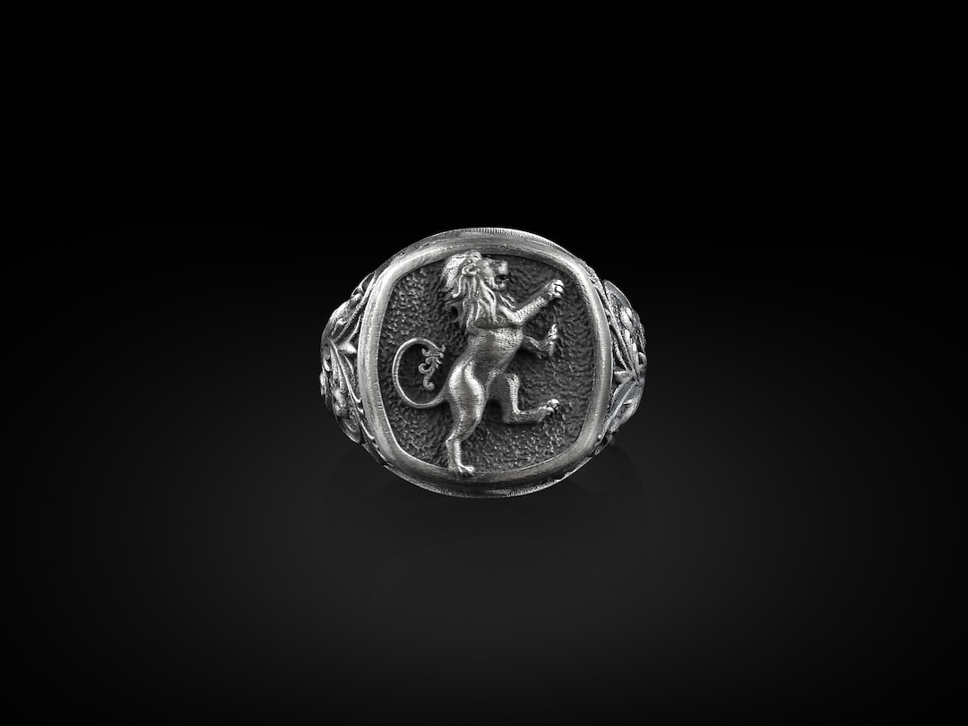 Lion Rampant Guardant, Square Signet Ring, Coat of Arms Ring, Sterling ...