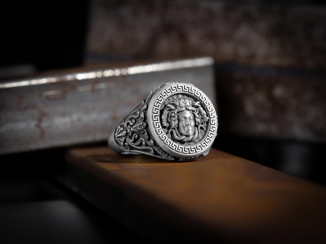 Medusa Gorgon Snake Head Greek Ring for Men in Silver, Antique Meander ...