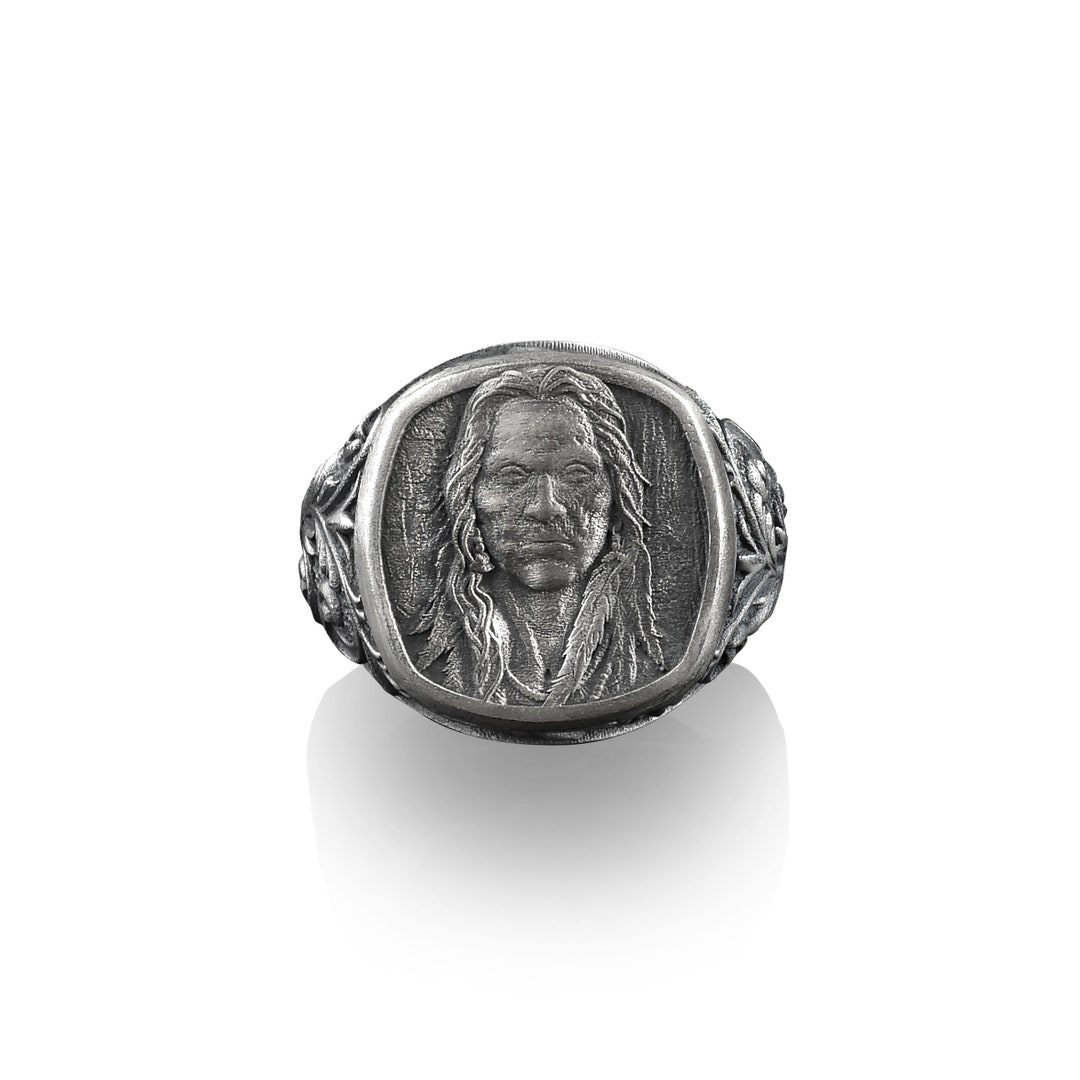 American Indian Chief Signet Ring for Men in Sterling Silver, Native ...