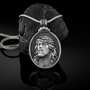 Silver Jesus Mens Necklace, Christ Jesus Solid Silver Man Medallion ...