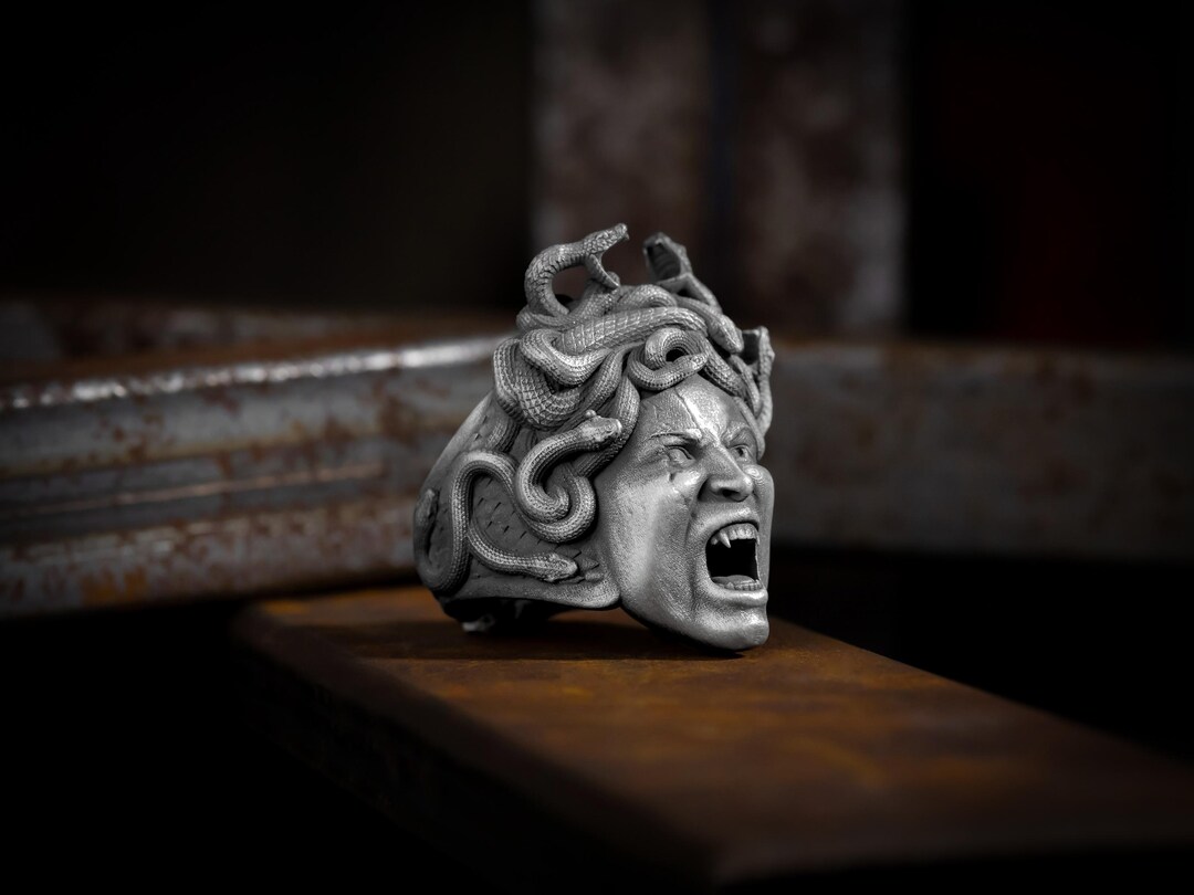 Gorgon Angry Medusa Ring for Men in Sterling Silver, Snake Hair Greek ...